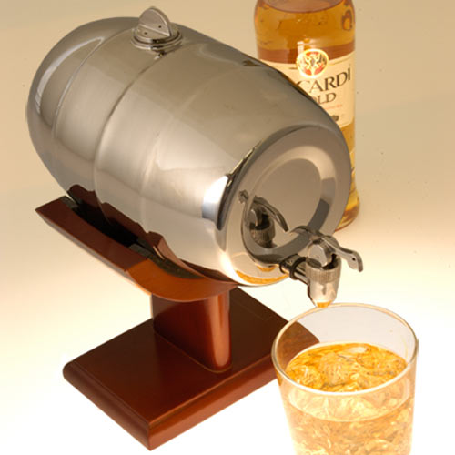 Chrome Keg-Style Liquor Dispenser With Wooden Stand