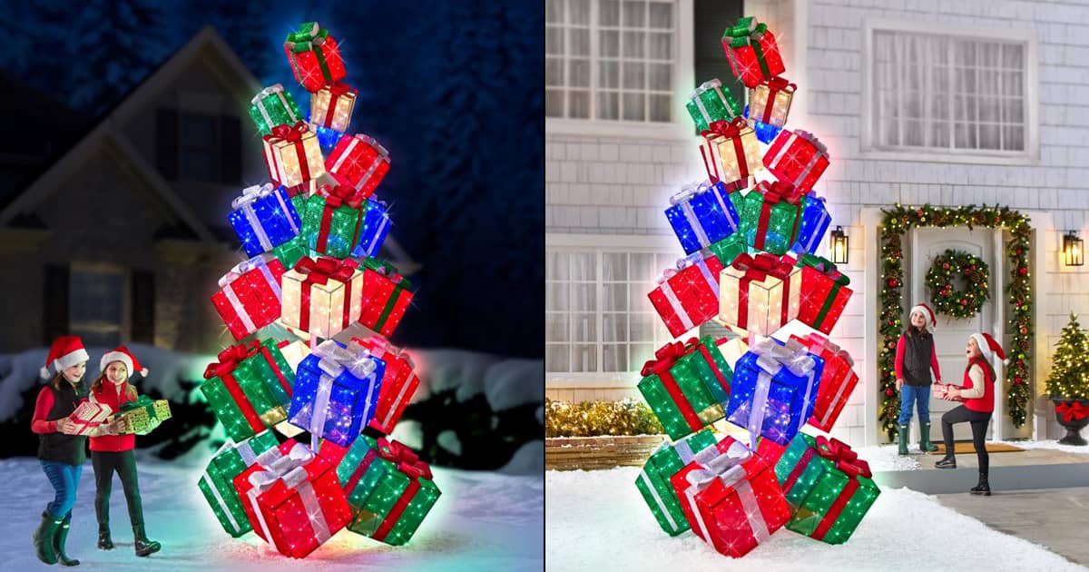 Gigantic 11.5-Ft Illuminated Stack of Gifts Christmas Tree | The Green Head