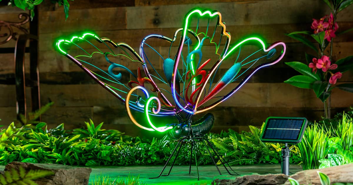 Illuminated Neon Butterfly Solar Garden Sculpture | The Green Head
