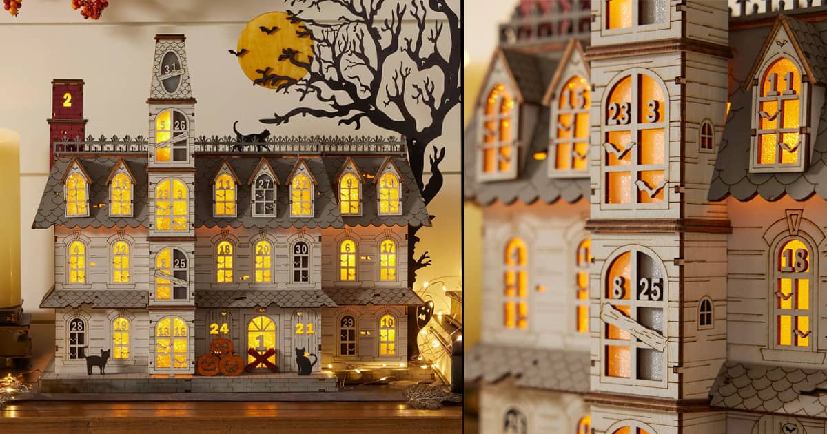 Illuminated Wooden Halloween Haunted House Countdown Calendar | The ...