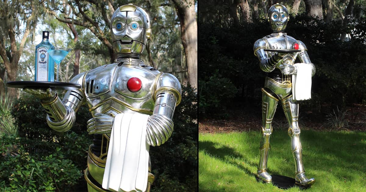 Life-Sized Silver Robot Butler Statue with Serving Tray | The Green Head