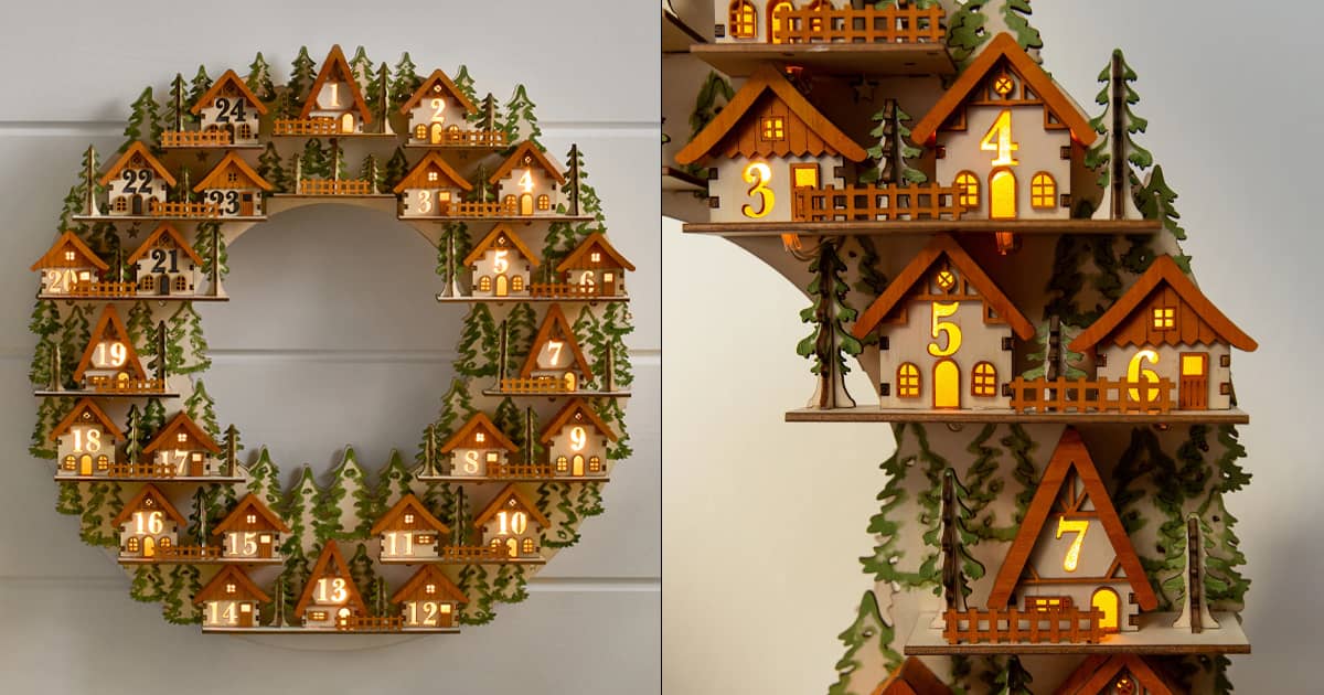 Lit Wooden Cottages Advent Calendar Wreath | The Green Head