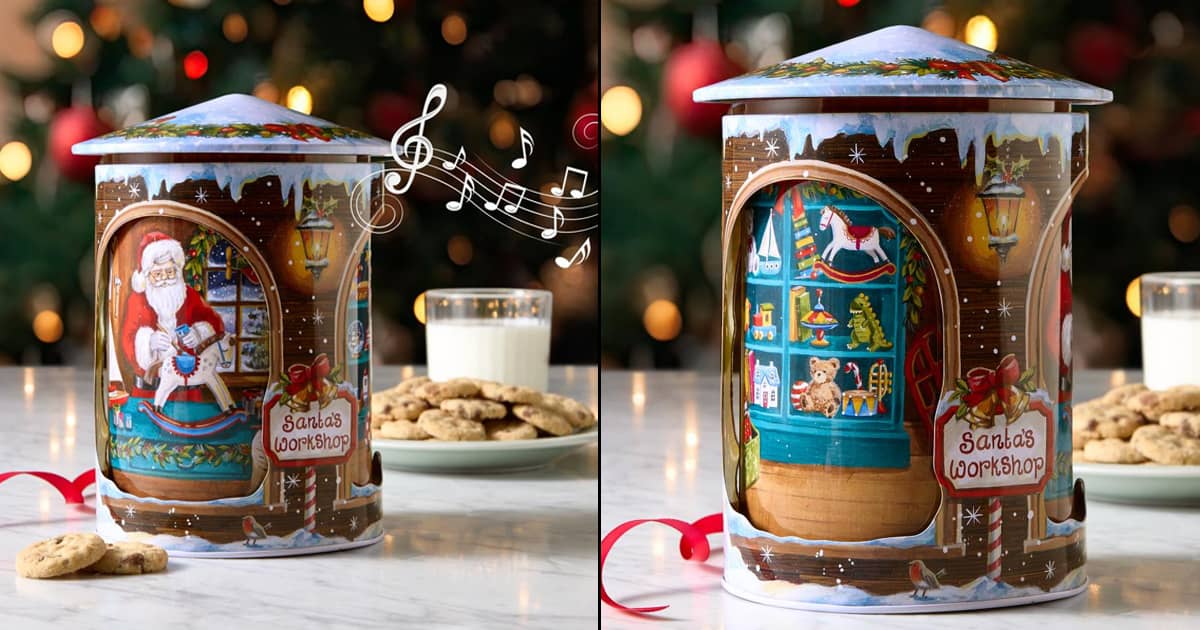 Santa's Workshop Rotating Musical Cookie Tin | The Green Head