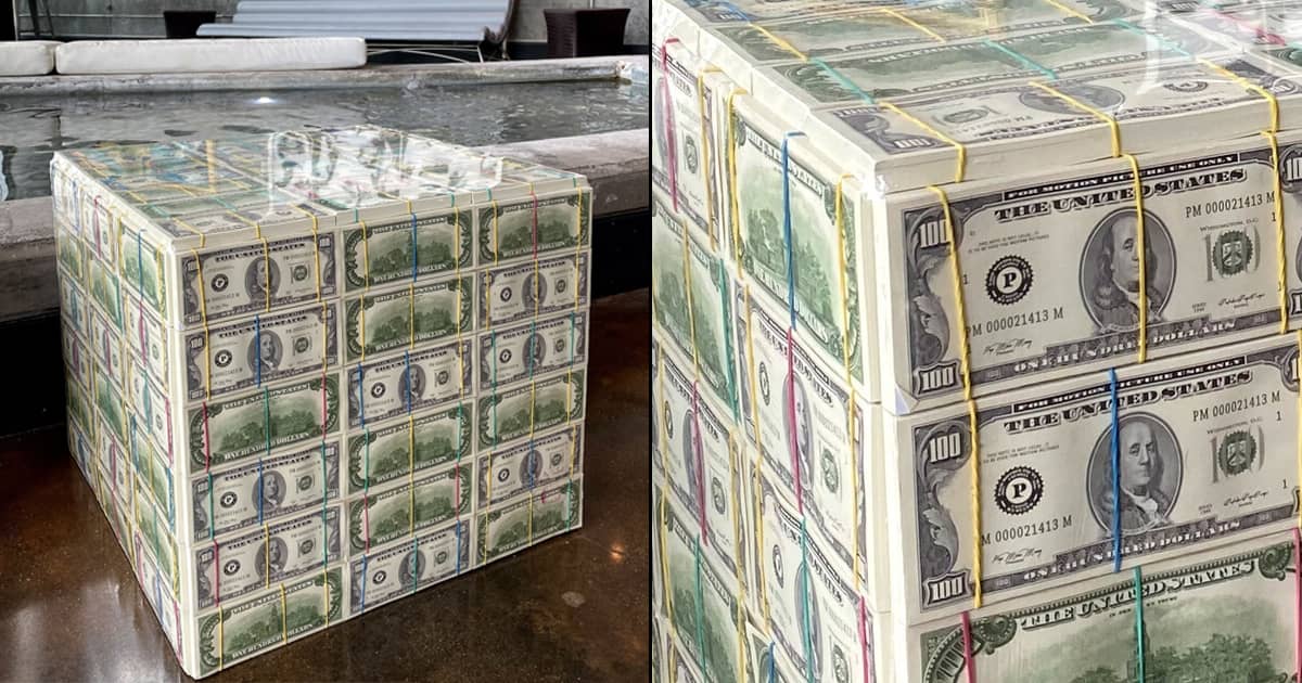 Shrink-Wrapped Million Dollar Money Cube Table | The Green Head