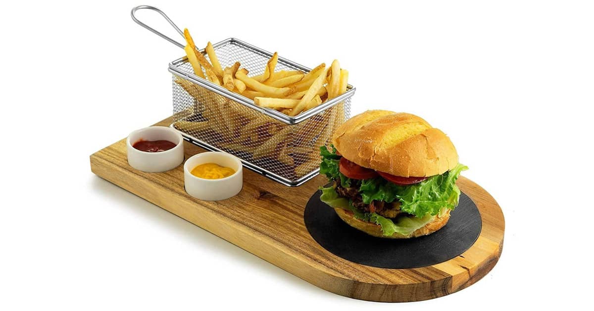 Yukon Glory Burger Serving Set - Acacia Wood Platter and Fry Basket ...