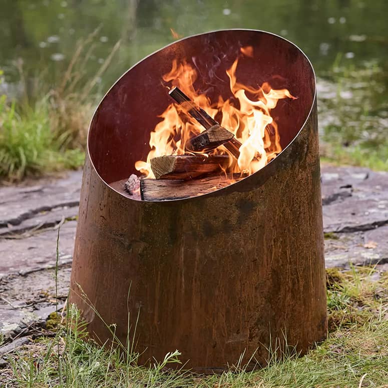 Corten Weathering Steel Angled Cylinder Fire Pit | The Green Head